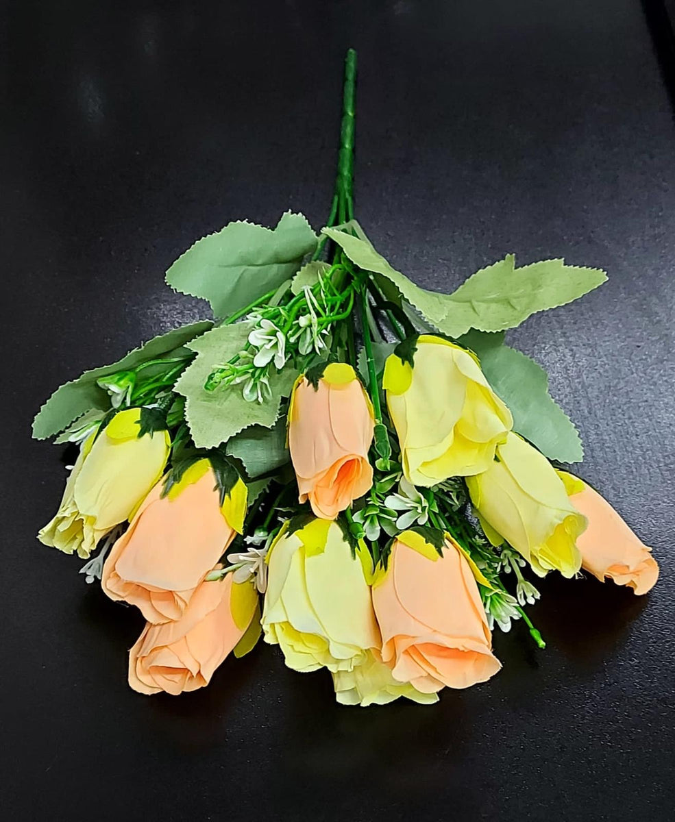 Buchet artificial cu trandafiri galben piersică – 30 cm, flori mici ...